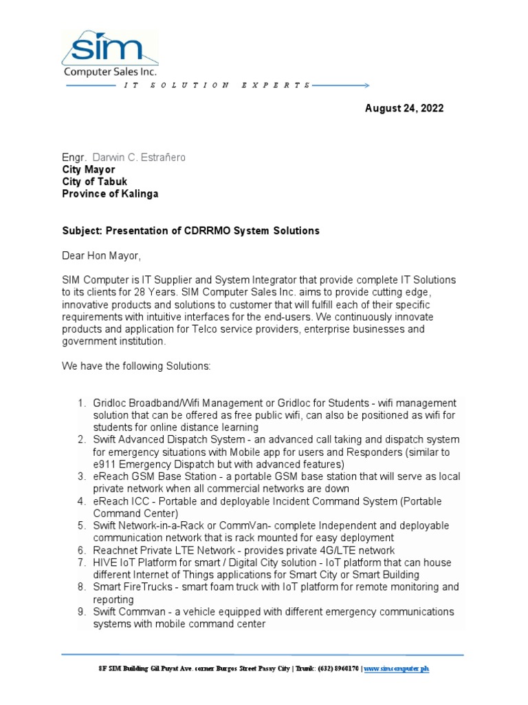 Letter of Intent-CDRRMO System Solutions City of Tabuk | PDF | Internet ...