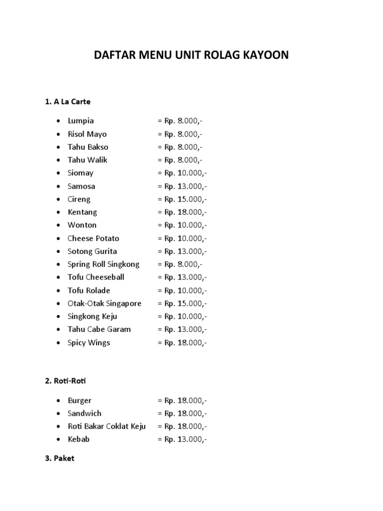 Menu Rolag Kayo, Prapanca, Karah | PDF | Western Cuisine | Prepared Foods