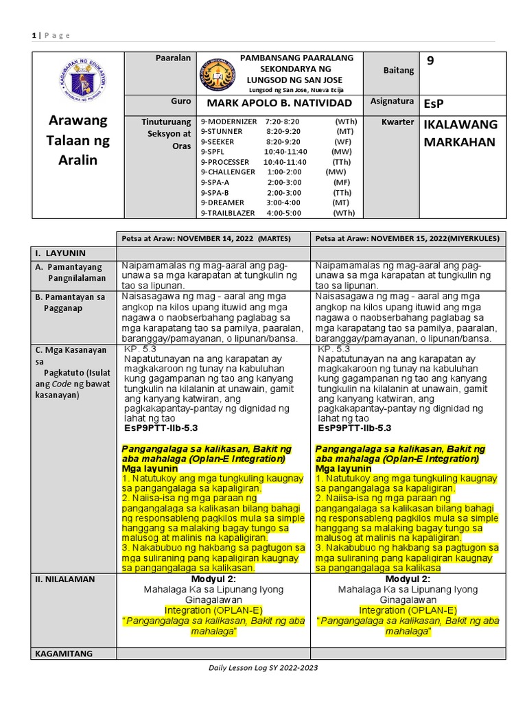 DLL EsP Nov.15 18 With Oplan e Integ | PDF