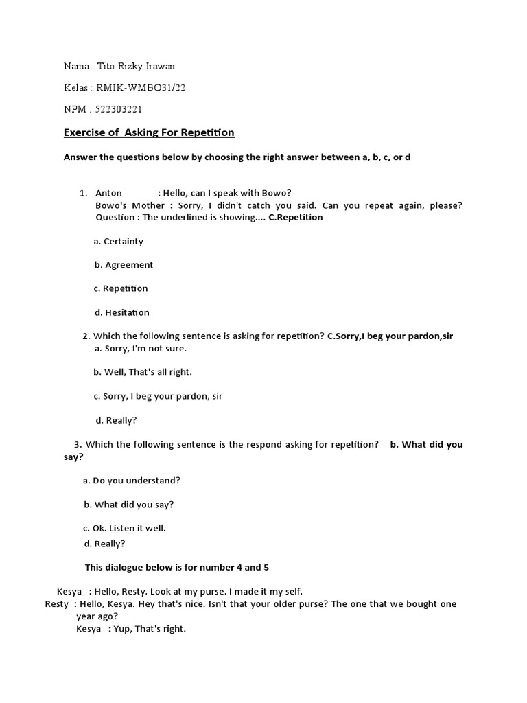Exercise of Asking For Repetition: Answer The Questions Below by ...