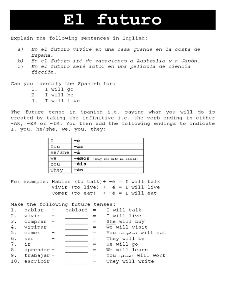 El Futuro Worksheet | PDF | Grammatical Tense | Grammar
