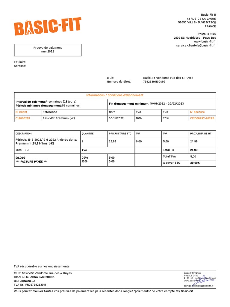Facture de paiement Basic-Fit 2022 | PDF | Loi publique | Les sociétés