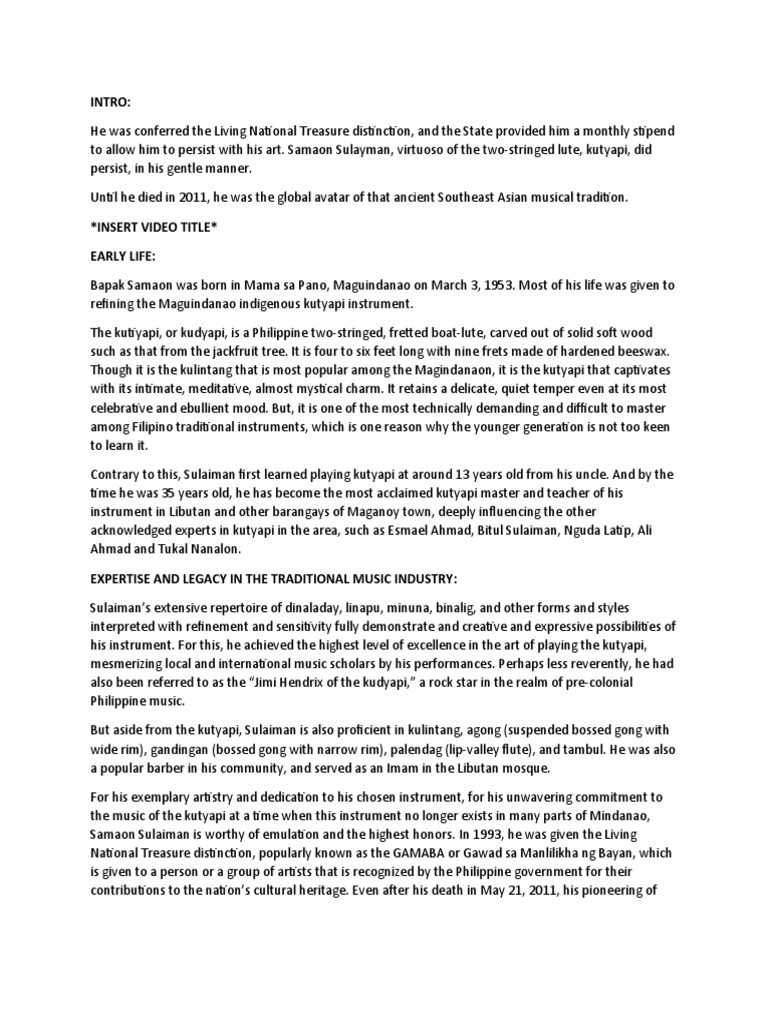 Kutyapi Virtuoso: Samaon Sulaiman | PDF | Musical Instruments ...