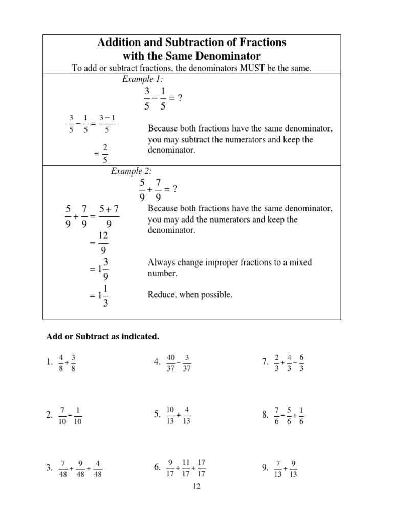 Accurately Subtracting Fractions with and without Borrowing | PDF ...