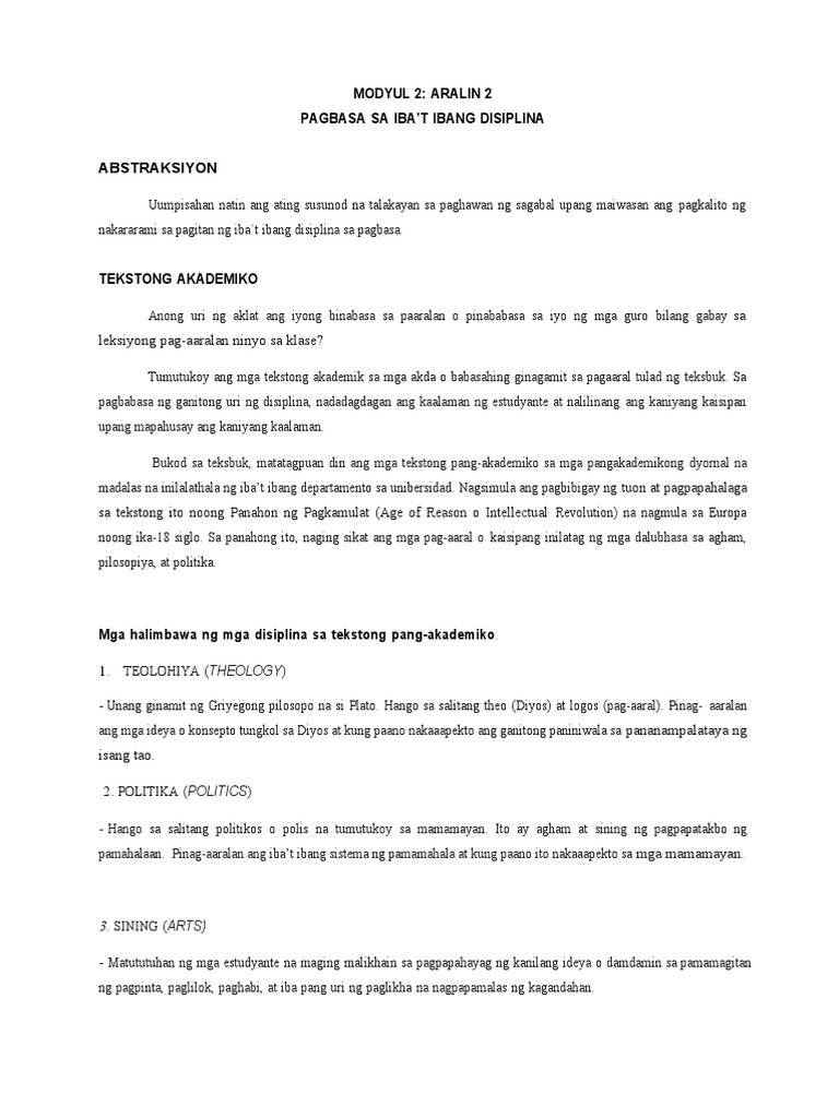 Modyul 2 Aralin 2 Pagbasa Sa Ibat Ibang Disiplina | PDF