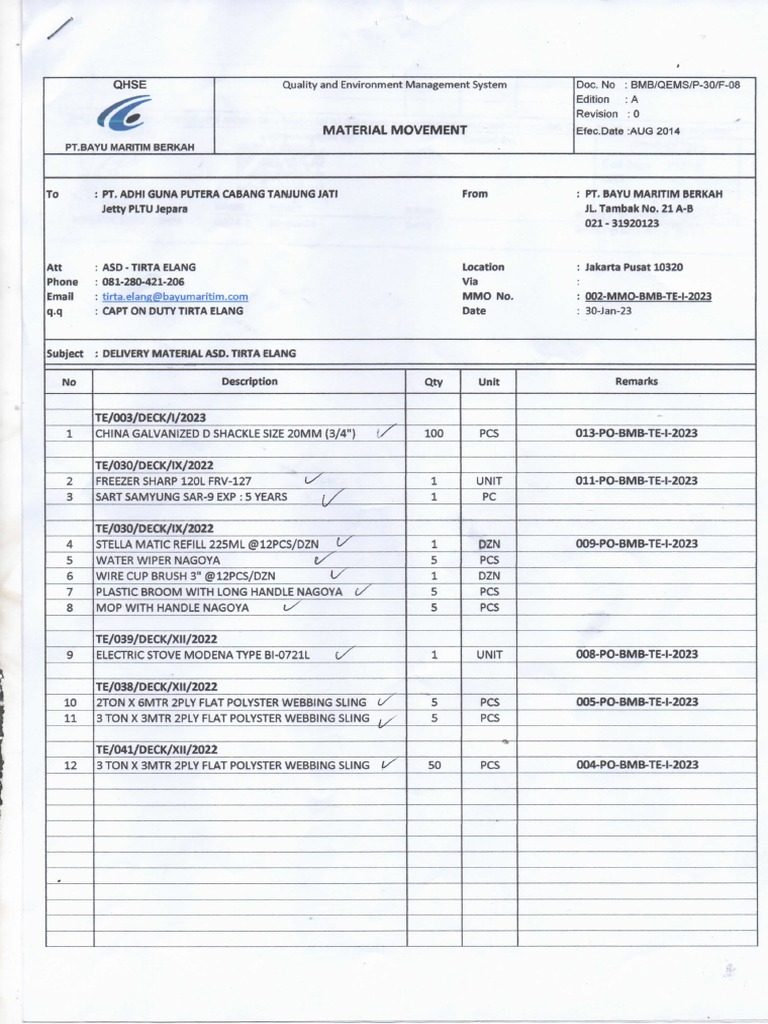 Scan Packing List Material Movemant 002-MMO-BMB-TE-I-2023 | PDF