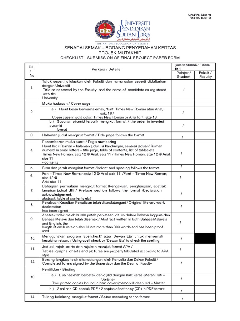 Senarai Semak - Borang Penyerahan Kertas Projek Mutakhir: Checklist ...