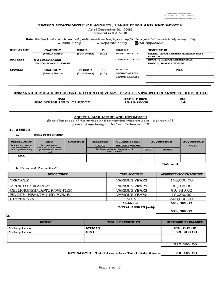 Sworn Statement of Assets, Liabilities and Net Worth: Not Applicable | PDF