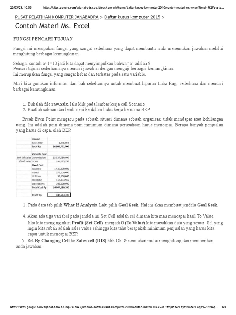 Contoh Materi Ms. Excel: Fungsi Pencari Tujuan | PDF