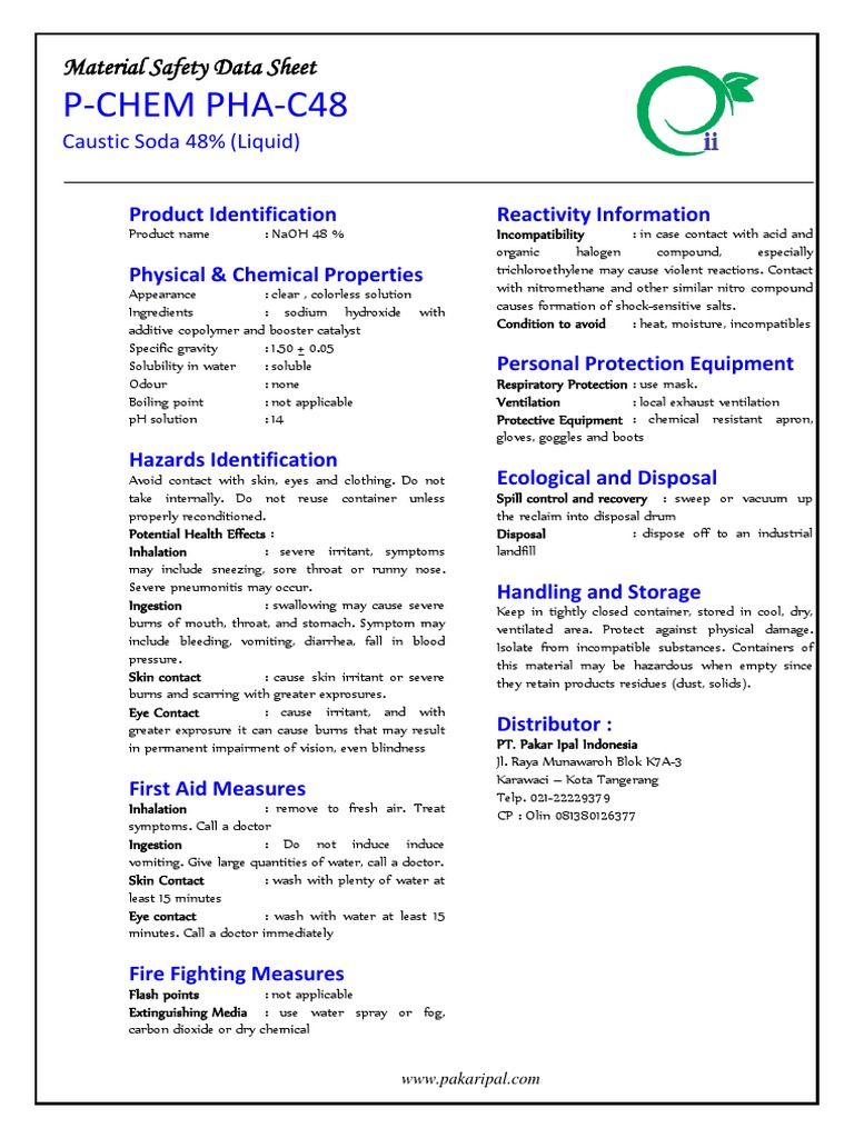 P-Chem Pha-C48: Material Safety Data Sheet | PDF | Sodium Hydroxide ...