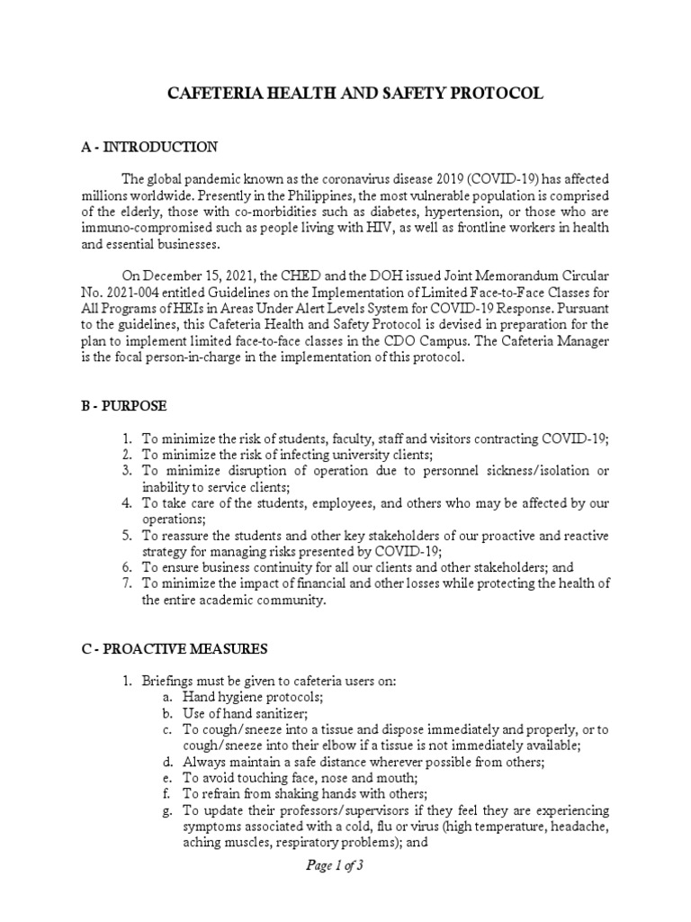 Cafeteria Protocol | PDF | Medicine | Public Health