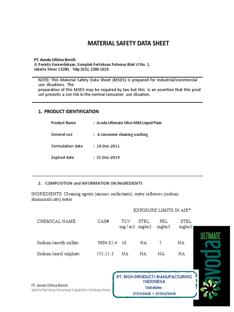 MSDS Avoda Ultimate Olive Mild Liquid Plain | PDF | Dangerous Goods ...