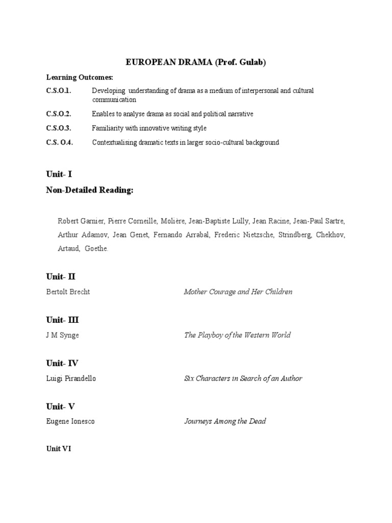 EUROPEAN DRAMA (Prof. Gulab) : Learning Outcomes | PDF | Theatre | Tragedy