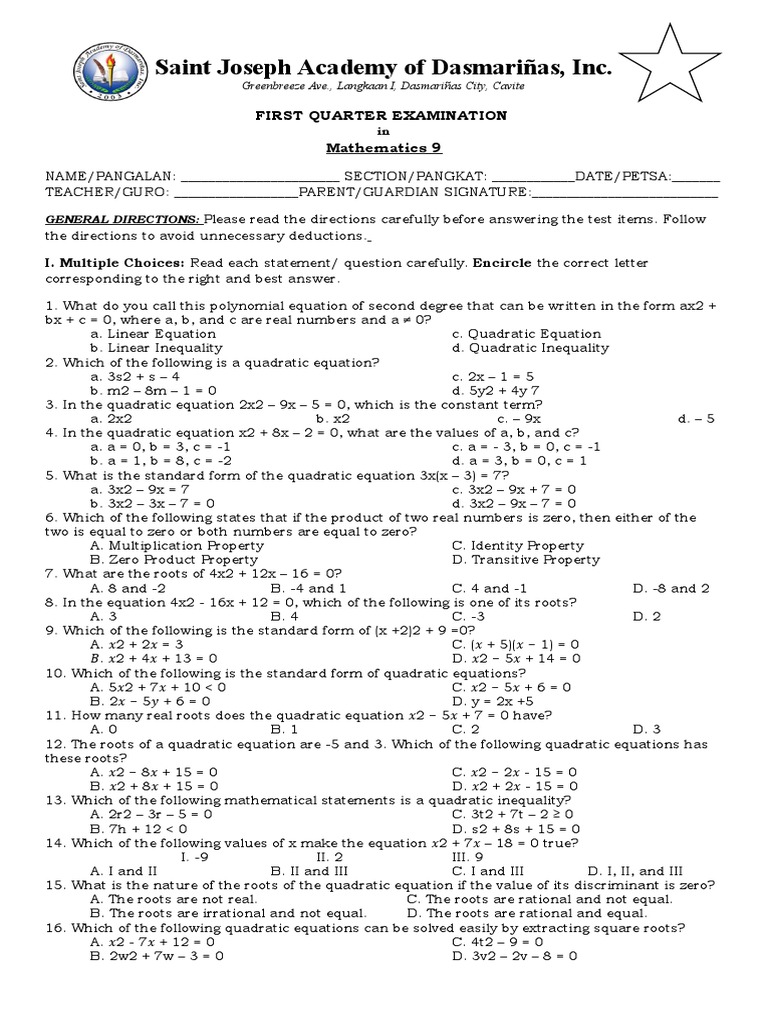 1st Quarterly Examination Math 9 | PDF | Equations | Quadratic Equation