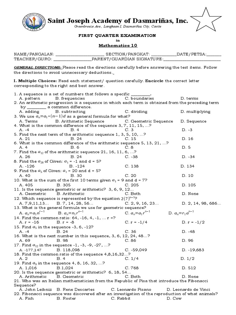 1st Quarterly Examination Math 10 | PDF | Variable (Mathematics) | Polynomial