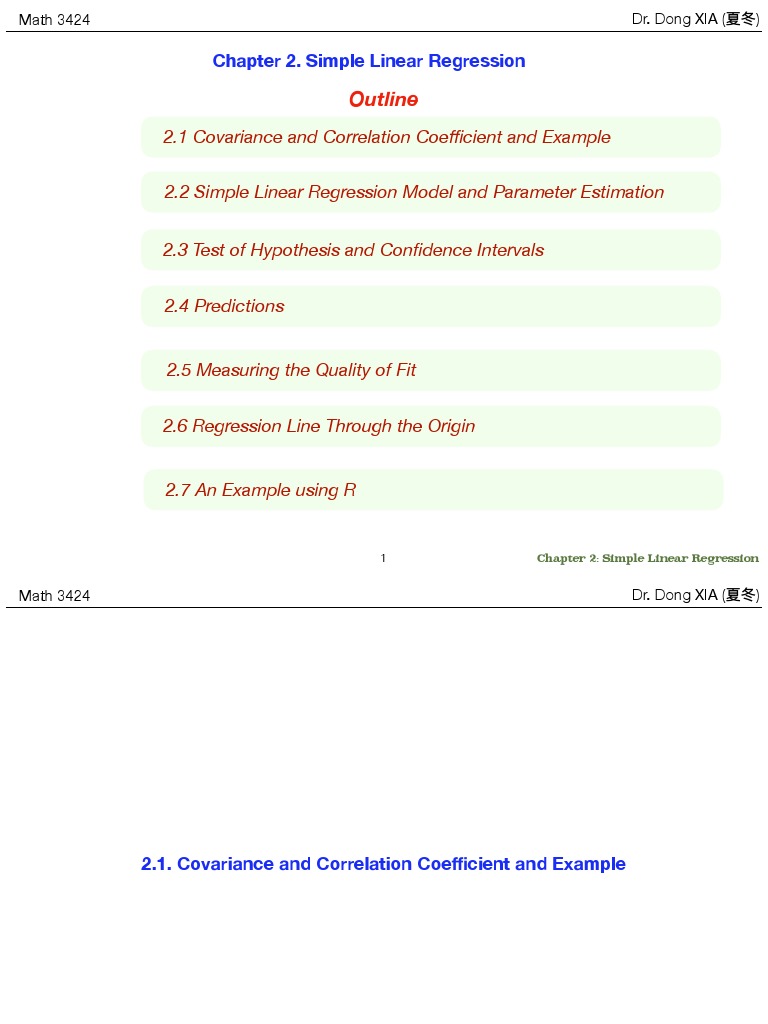 Outline: Chapter 2. Simple Linear Regression | PDF | Linear Regression | Dependent And ...