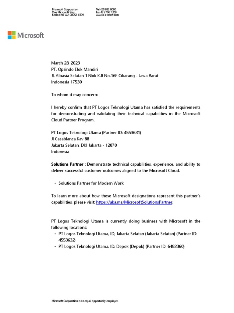 Microsoft Corporation One Microsoft Way Redmond, WA 98052-6399 Tel 425 ...