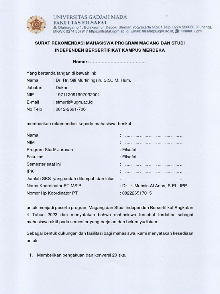 Surat Rekomendasi Mahasiswa Program Magang Dan Studi Independen Bersertifikat Kampus Merdeka ...