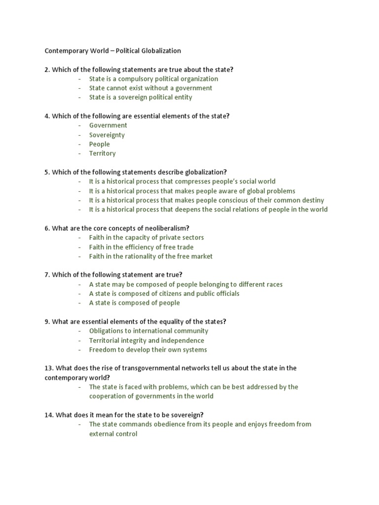 Political Globalization Quiz | PDF | Globalization | Sovereignty