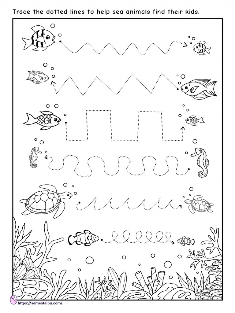 Line Tracing Kindergarten Worksheets Sea Animals | PDF