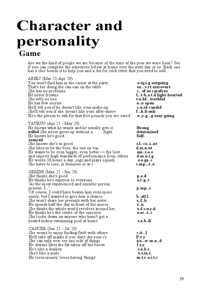 Character and Personality | PDF