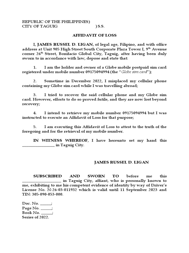 Affidavit of Loss: TH TH | PDF