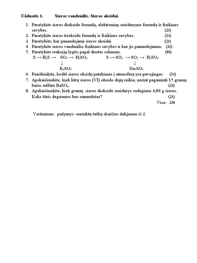 Užduotis 1. Sieros Vandenilis. Sieros Oksidai | PDF