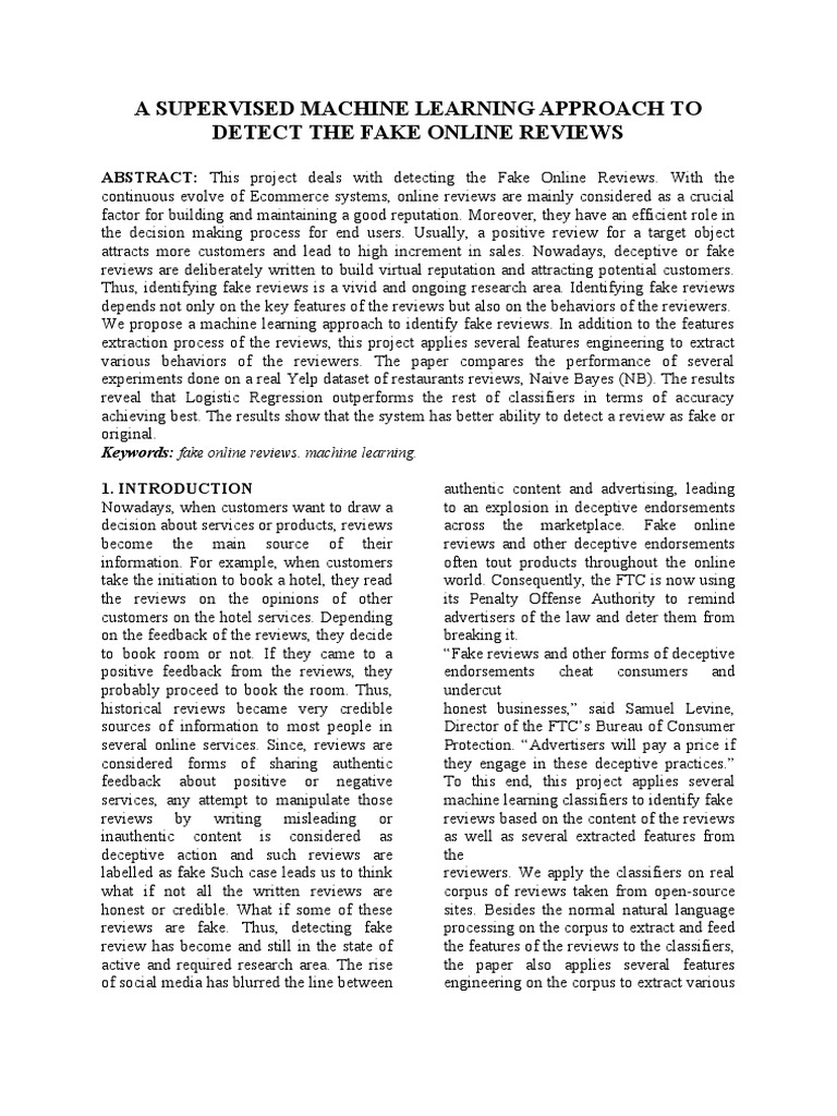 A Supervised Machine Learning Approach To Detect The Fake Online Reviews | PDF | Machine ...