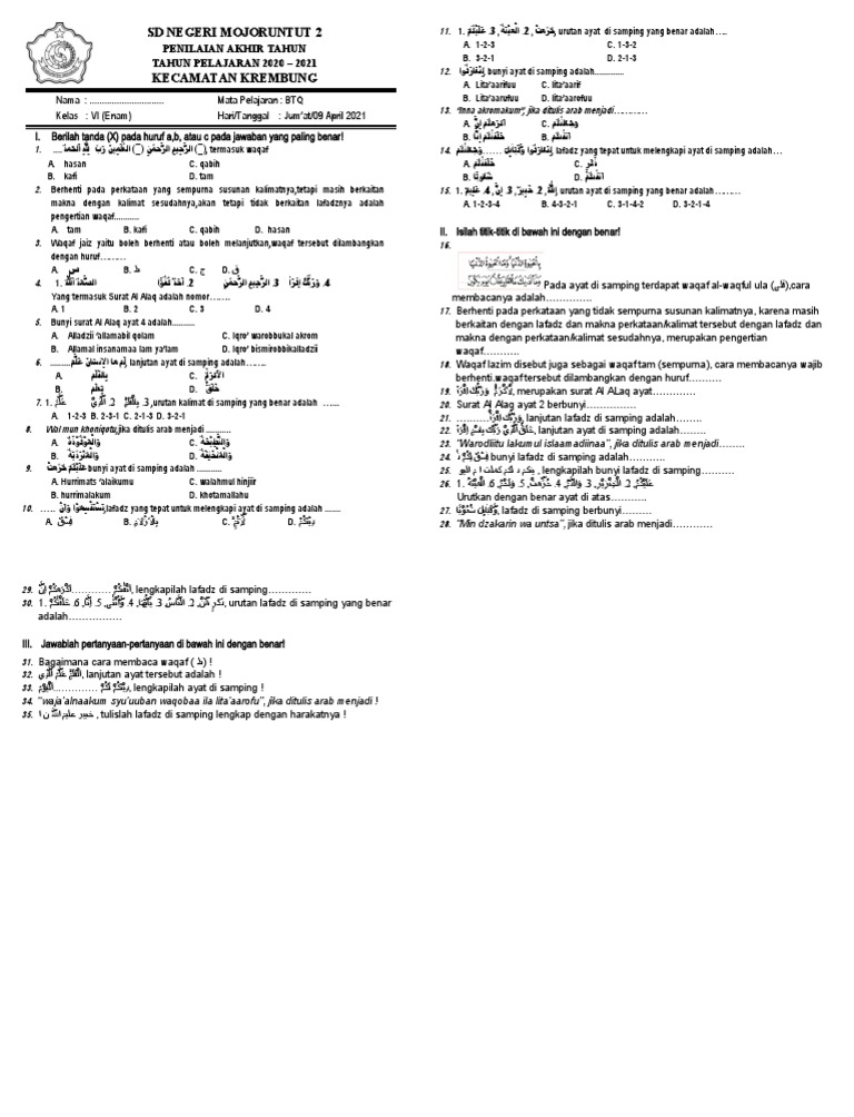 Soal Pat Kelas 6 BTQ-2 | PDF
