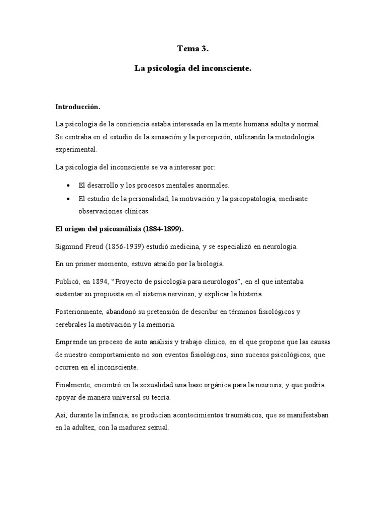 Tema 3. La Psicología Del Inconsciente.: Introducción | PDF | Sigmund Freud | Psicoanálisis