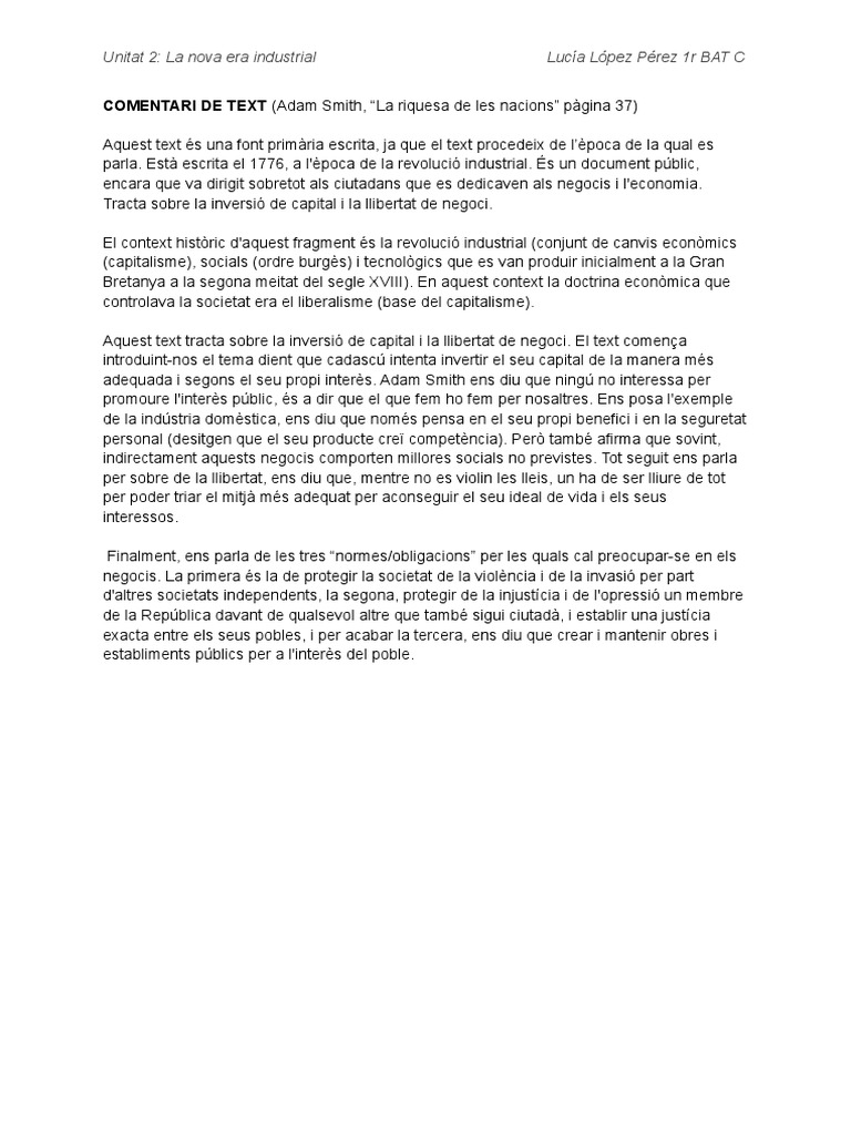 Comentari de Text Adam Smith | PDF