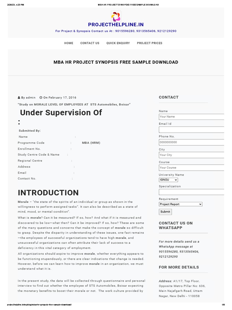 Mba HR Project Synopsis Free Sample Download | PDF | Employment | Job ...