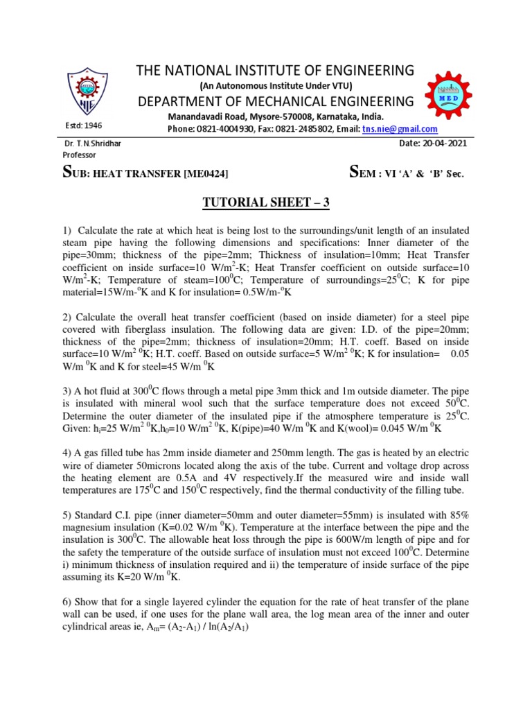 Tutorial Sheet 3 | PDF | Thermal Insulation | Heat Transfer