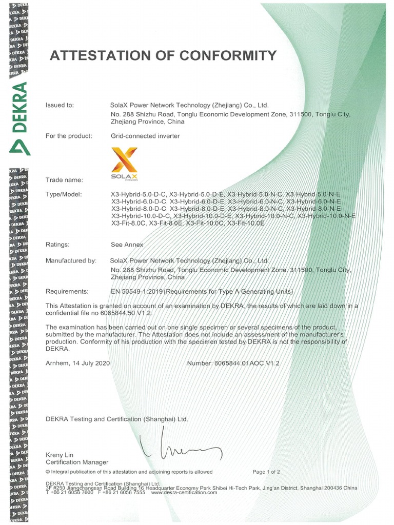Solax_X3-HYBRID_EN50549_6065844.01-AOC-V1.2 | PDF