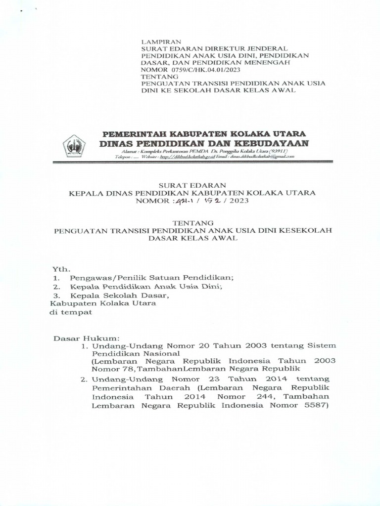 Surat Edaran Kepala Dinas Tentang Penguatan Transisi Paud-Sd | PDF