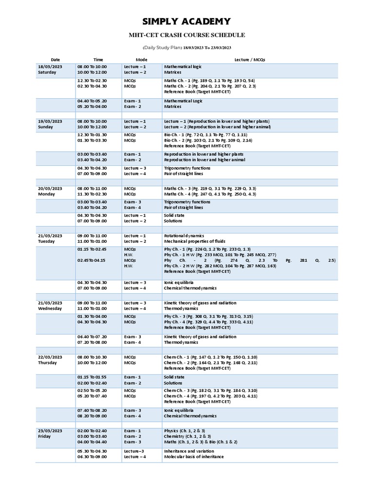 MHT-CET crash course schedule | PDF