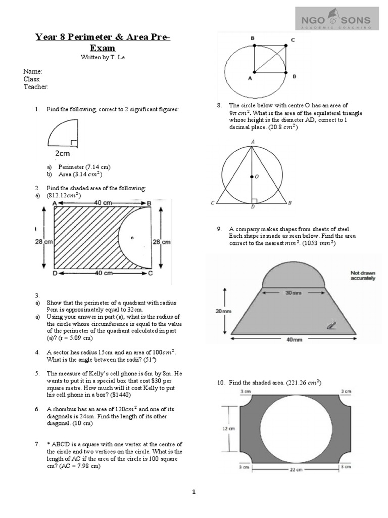 Year 8 Perimeter & Area Pre-Exam: Solutions and Worked Examples | PDF ...