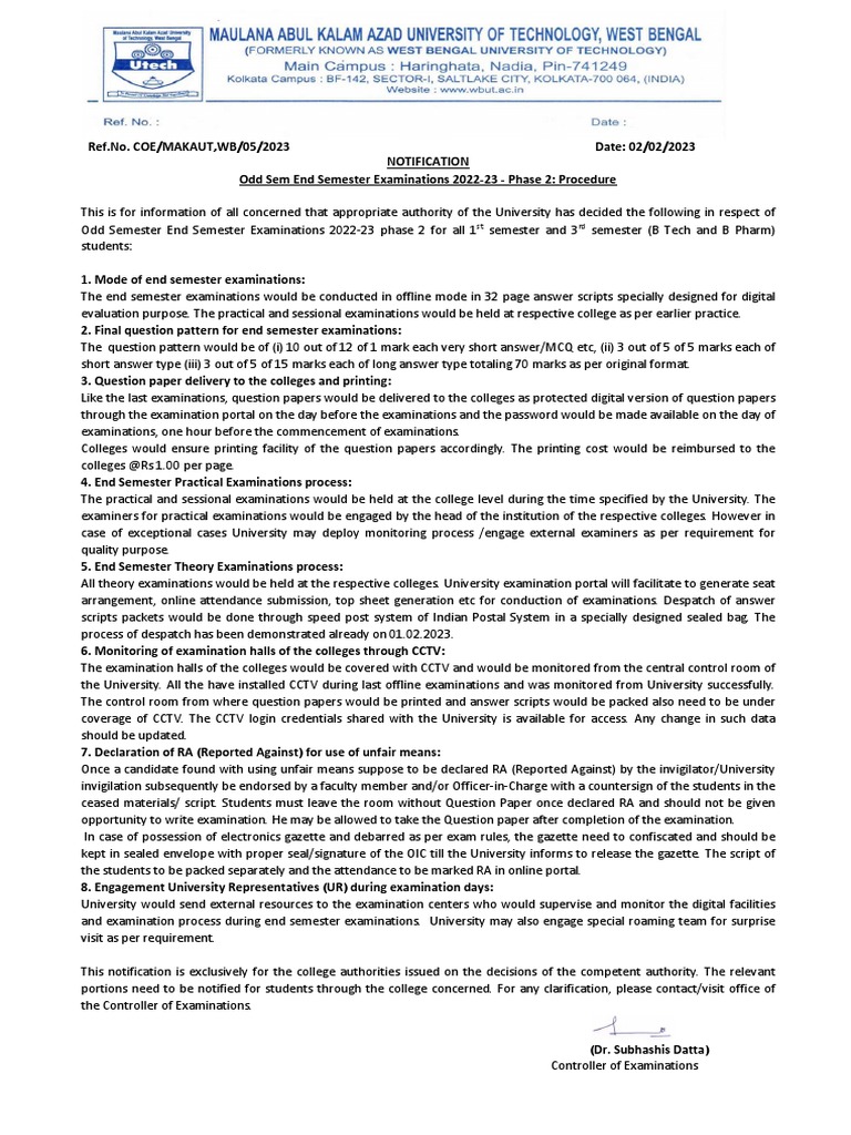 Notice - Odd Sem End Semester Examinations 2022-23 - Phase 2 ...