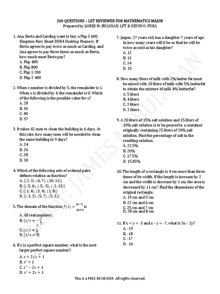 200 Questions - LET Reviewer For Mathematics Major | PDF | Elementary ...