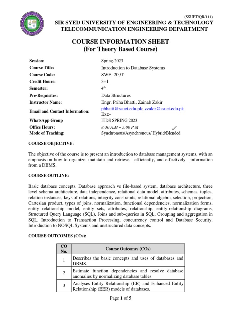 Introduction to Database Systems Course Information Sheet | PDF | Relational Database ...