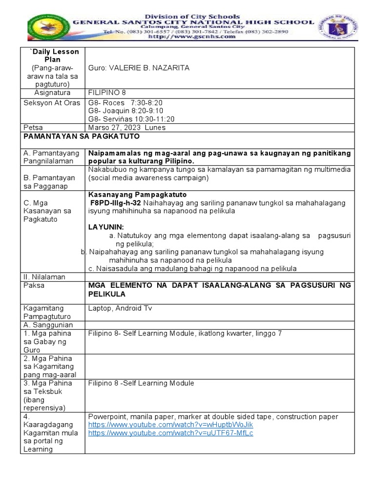 Pagsusuri NG Pelikula - Lesson Plan | PDF
