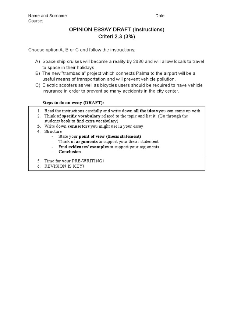 OPINION ESSAY DRAFT (Instructions) Criteri 2.3 (3%) | PDF | Essays ...