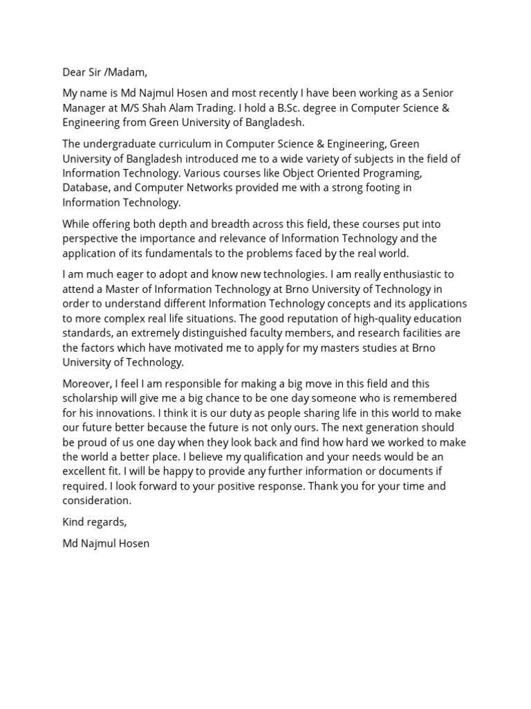 Motivation Letter For Master's Degree For IT Students. | PDF