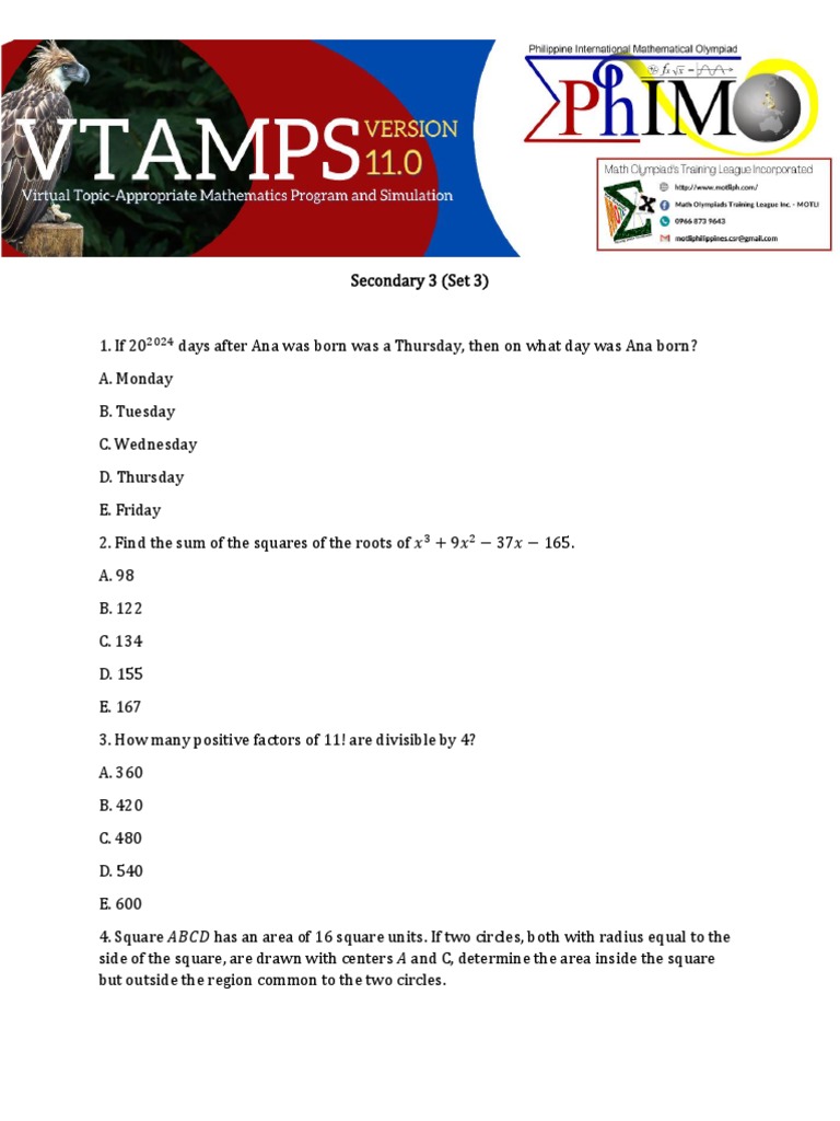 VTAMPS 11.0 Secondary 3 Set 3 | PDF | Area | Mathematics