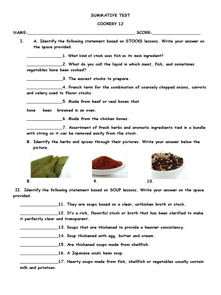Summative Test Cookery 12 3RD Q | PDF | Soup | Stock (Food)