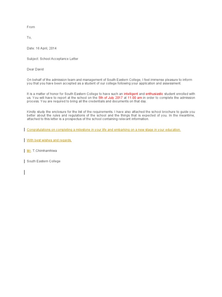 Sample School Acceptance Letter | PDF