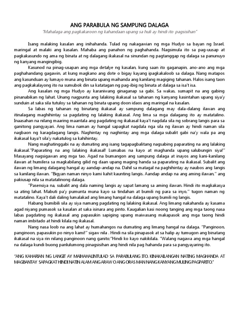 Ang Parabula NG Sampung Dalaga | PDF Ang Parabula NG Sampung Dalaga | PDF