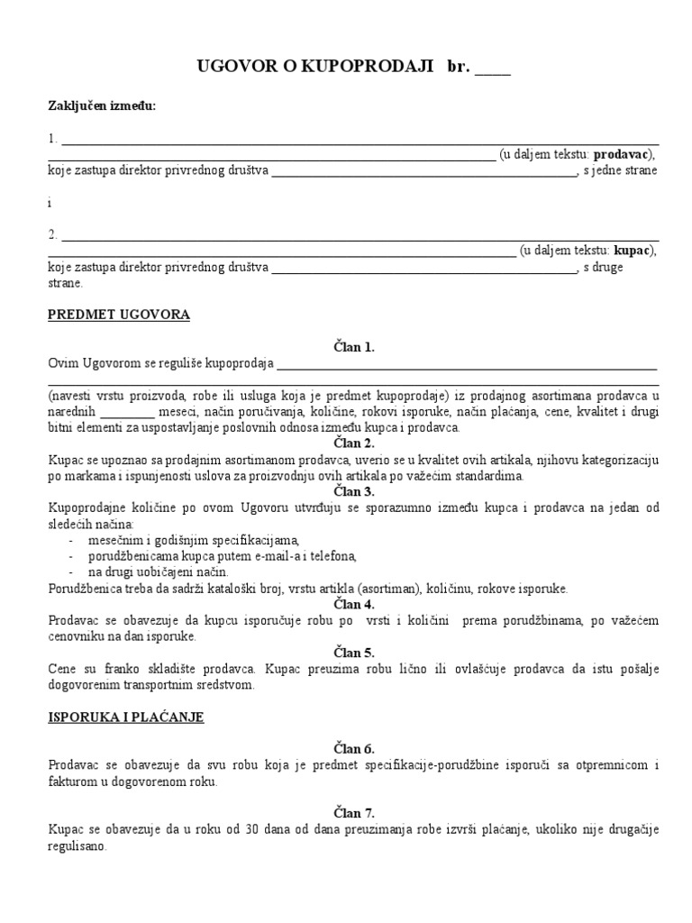 Ugovor O Kupoprodaji Br. - : Zaključen Između | PDF