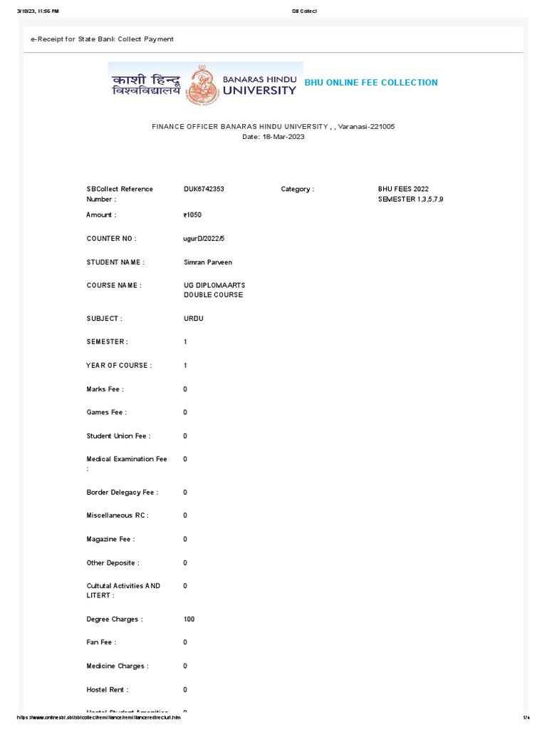 Simran Parveen Pays BHU Diploma Course Fees of Rs. 1,050 for Semester 1 of Academic Year 2022 ...