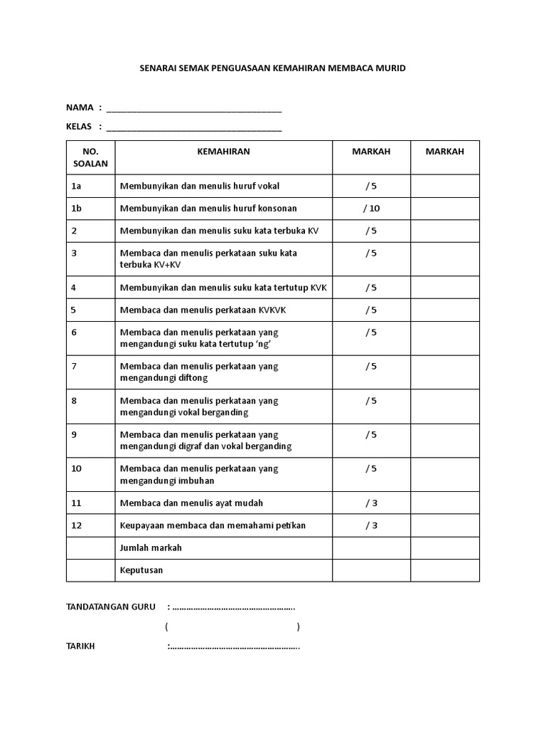 Senarai Semak Penguasaan Kemahiran Membaca Murid | PDF | Seni ...